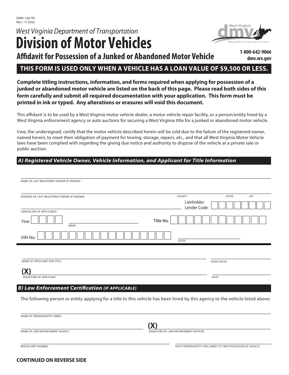 Form DMV-130-TR - Fill Out, Sign Online and Download Fillable PDF, West ...