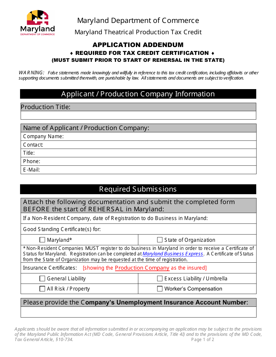 Maryland Application Addendum - Maryland Theatrical Production Tax ...