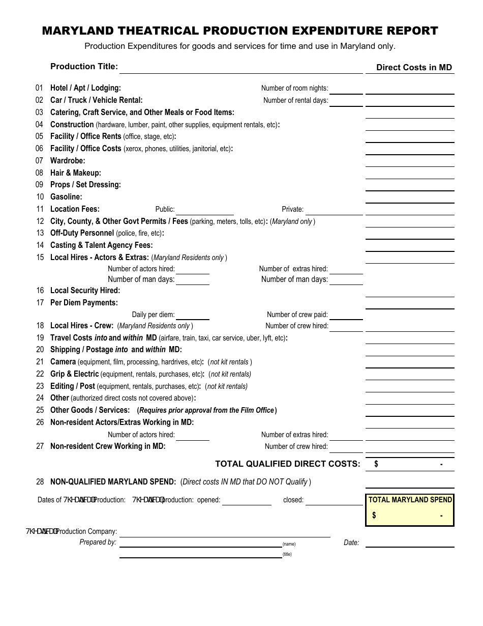 Maryland Maryland Theatrical Production Expenditure Report - Fill Out ...