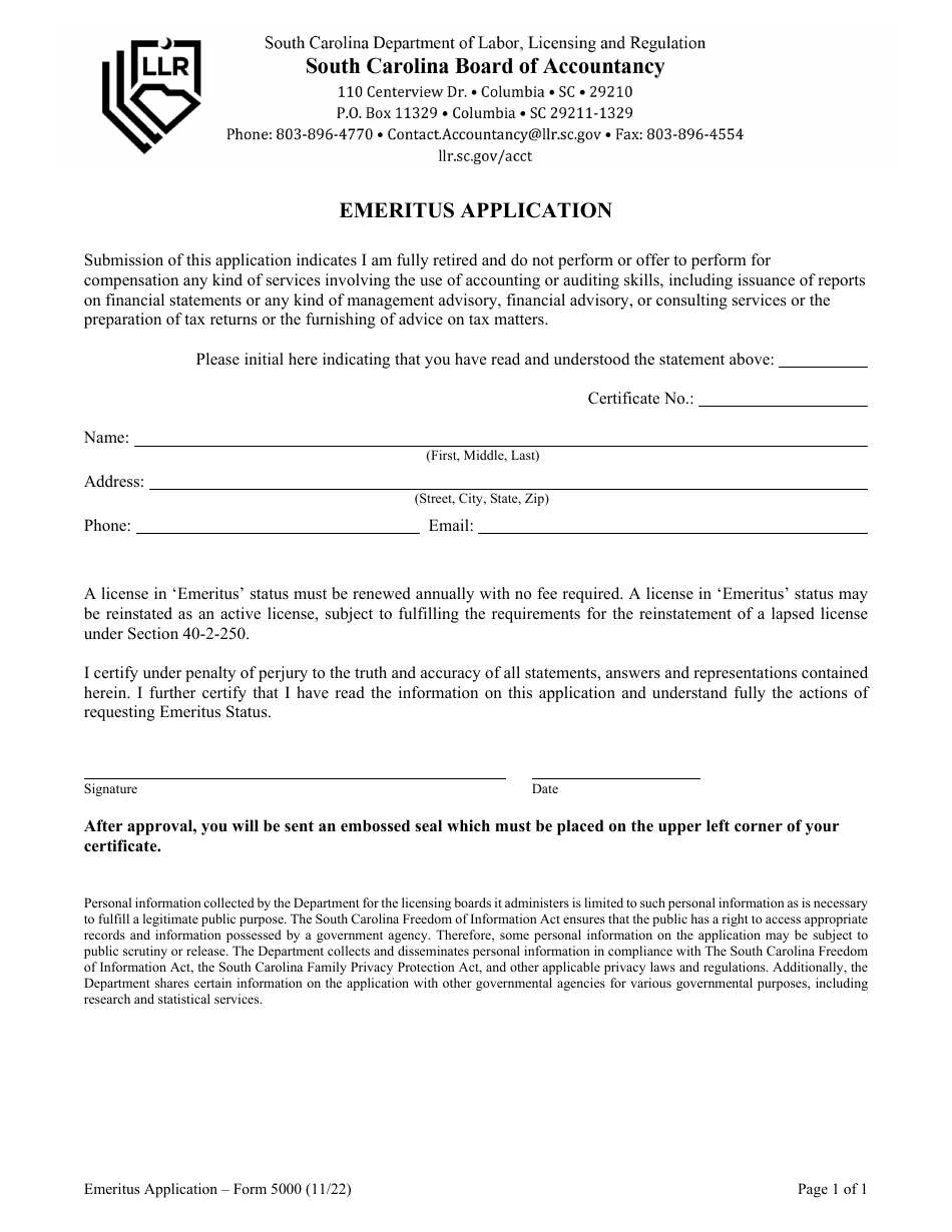 Form 5000 Download Fillable PDF or Fill Online Emeritus Application, South Carolina | Templateroller
