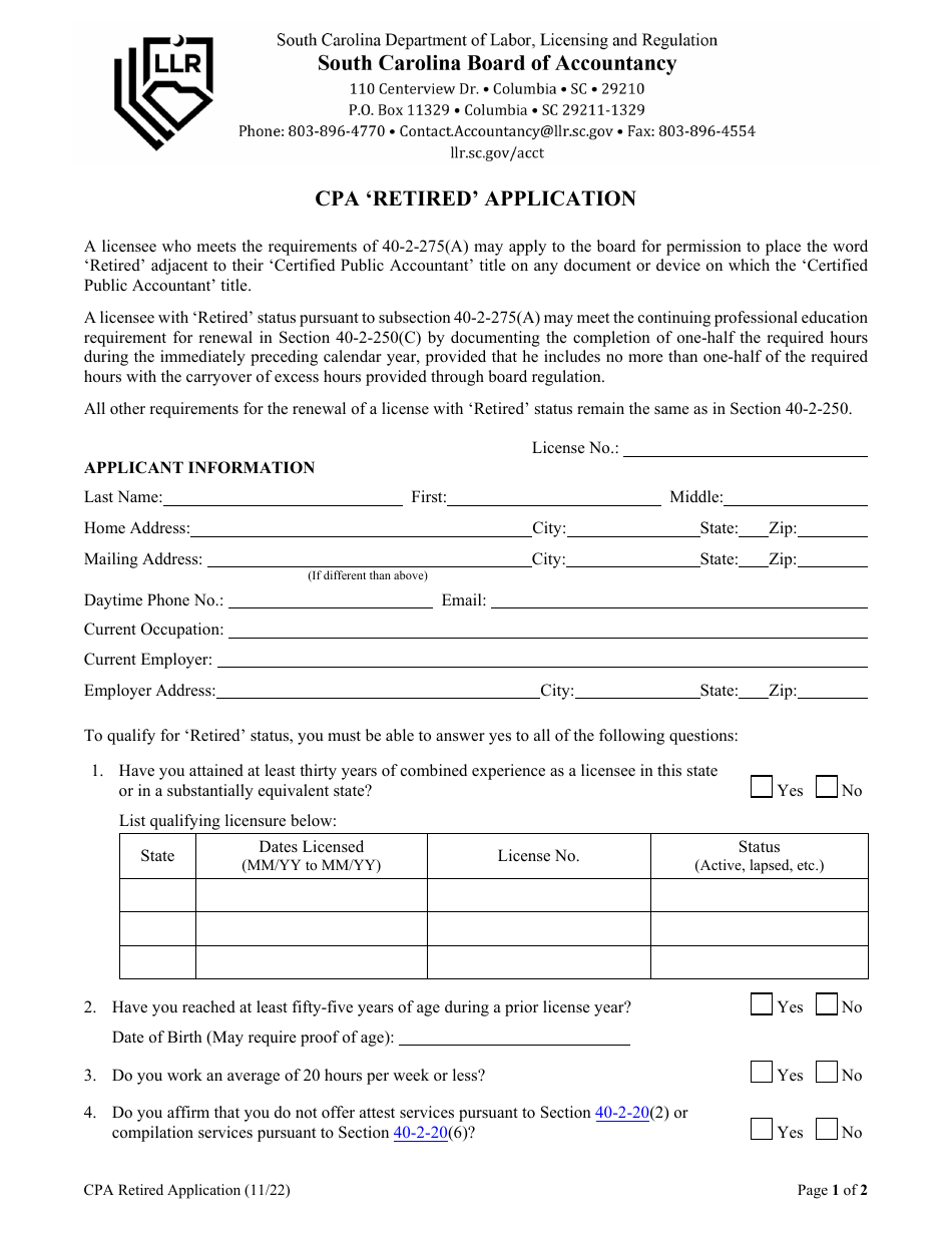 South Carolina CPA 'retired' Application - Fill Out, Sign Online and ...