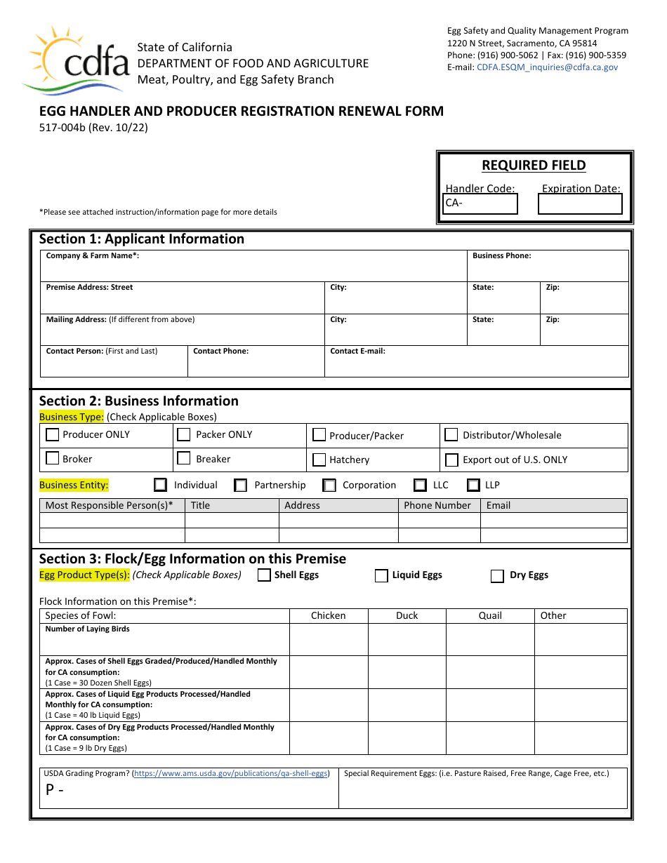 Form 517-004B Download Fillable PDF or Fill Online Egg Handler and ...