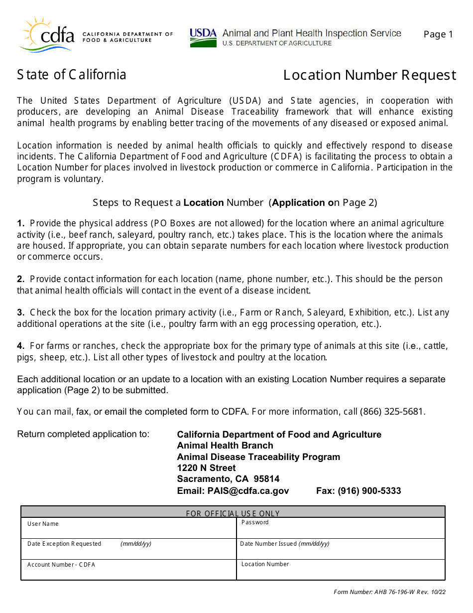 AHB Form 76-196-W Download Fillable PDF or Fill Online Location Number ...