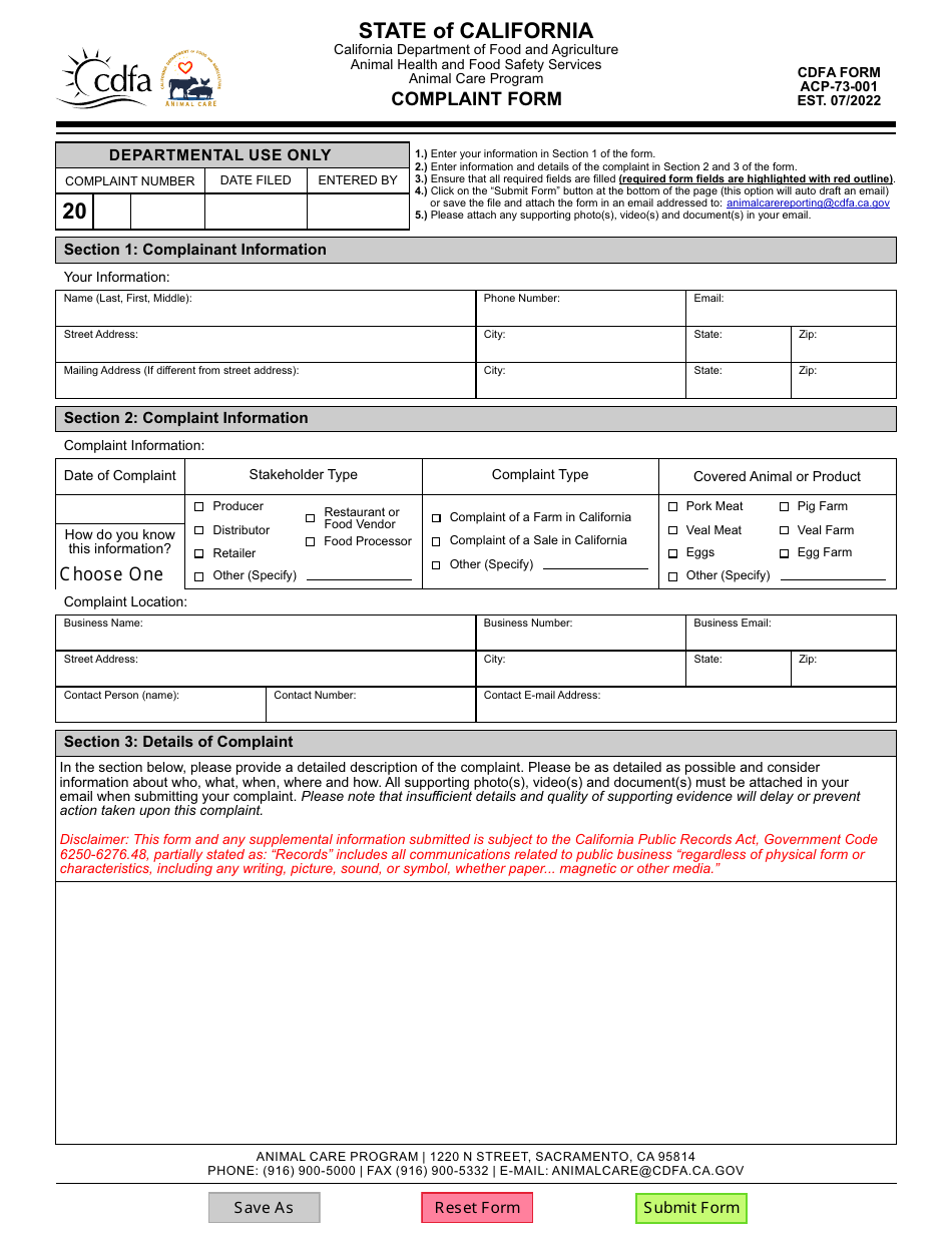 CDFA Form ACP-73-001 - Fill Out, Sign Online and Download Fillable PDF ...