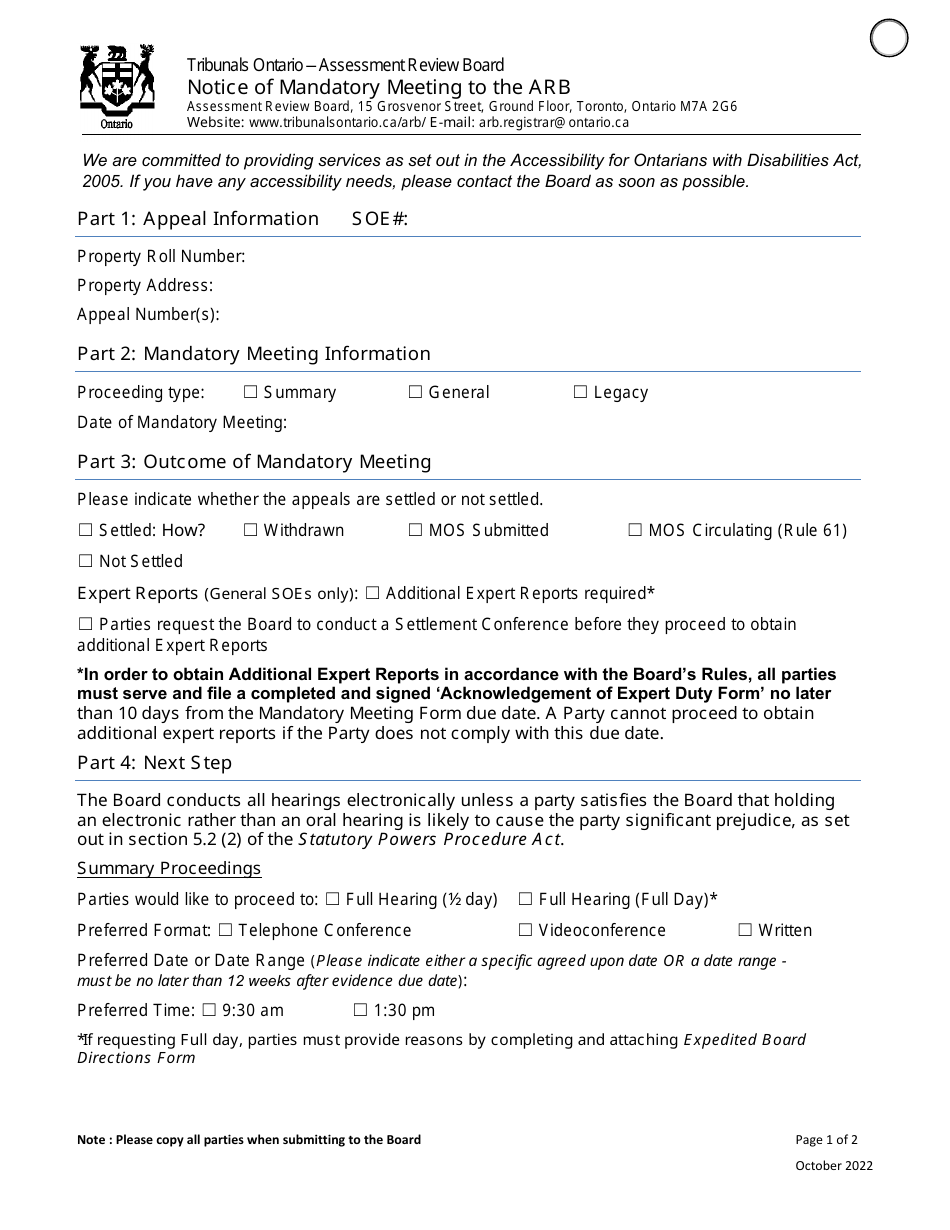 Ontario Canada Notice of Mandatory Meeting to the Arb - Fill Out, Sign ...