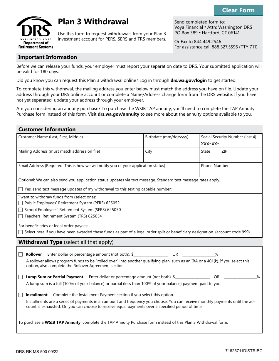 Form DRS-RK MS500 Download Fillable PDF or Fill Online Plan 3 Withdrawal, Washington ...