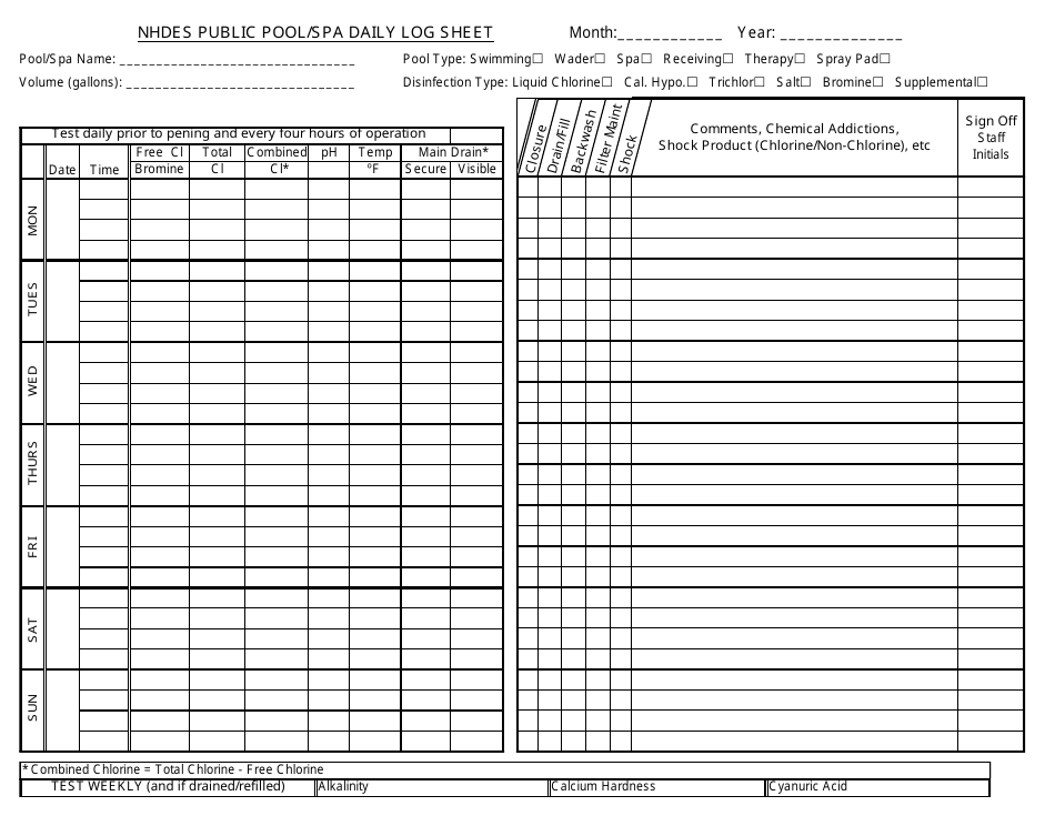 New Hampshire Nhdes Public Pool/SPA Daily Log Sheet - Fill Out, Sign ...