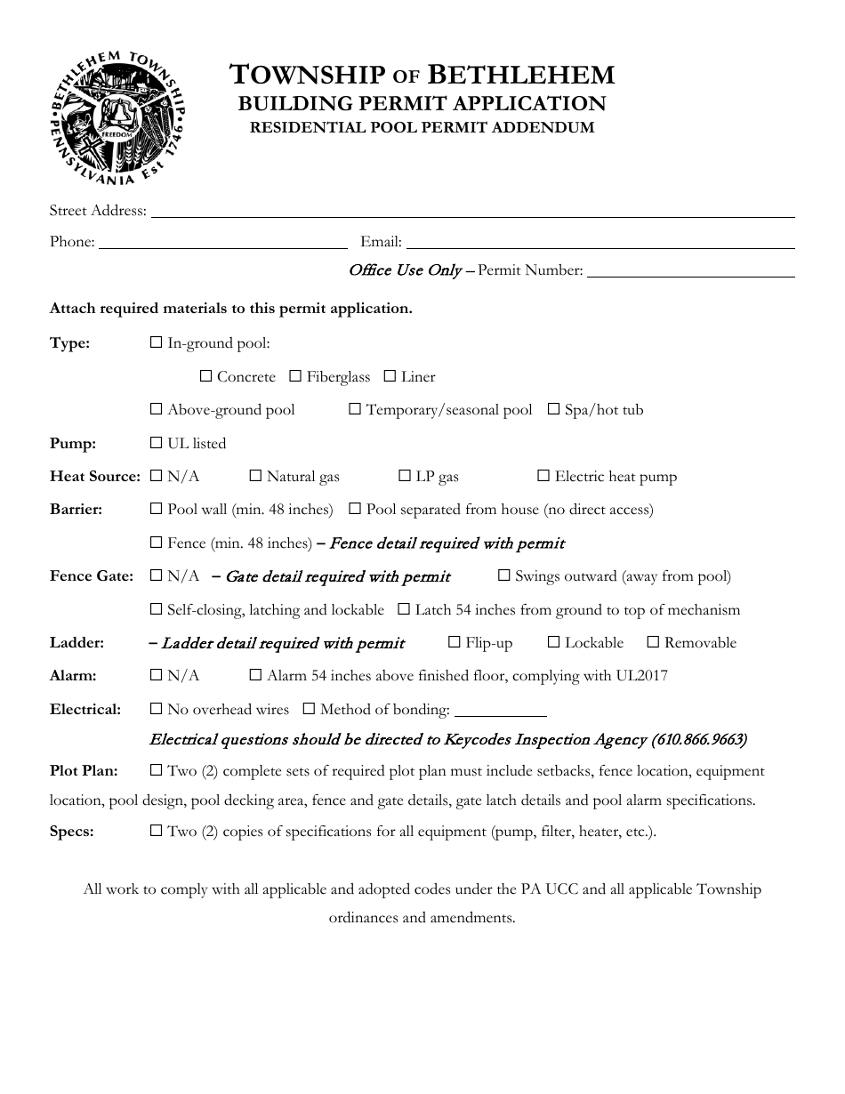 Bethlehem Township, Pennsylvania Building Permit Application - Residential Pool Permit Addendum ...