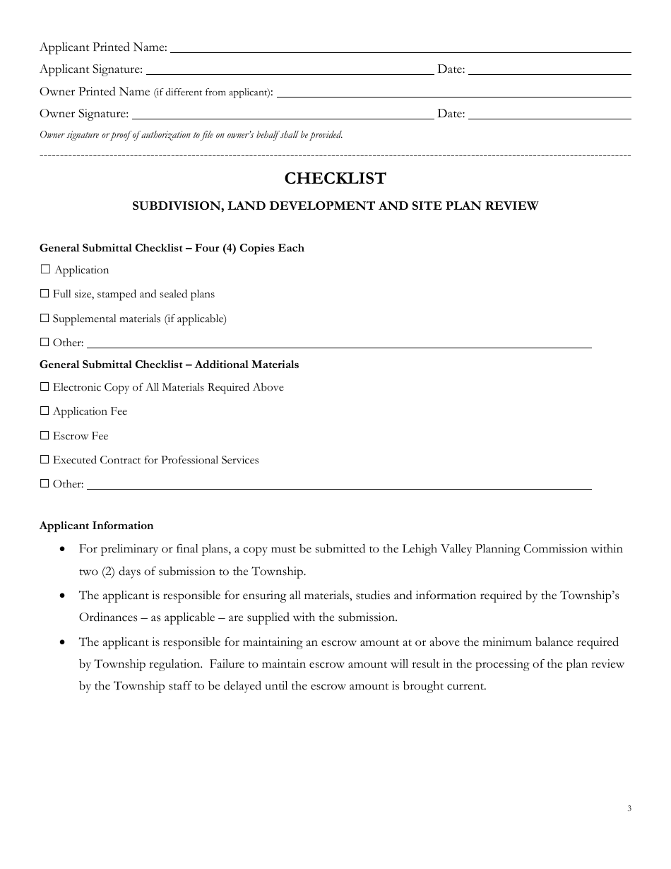 Bethlehem Township, Pennsylvania Application for Subdivision, Land Development and Site Plan ...