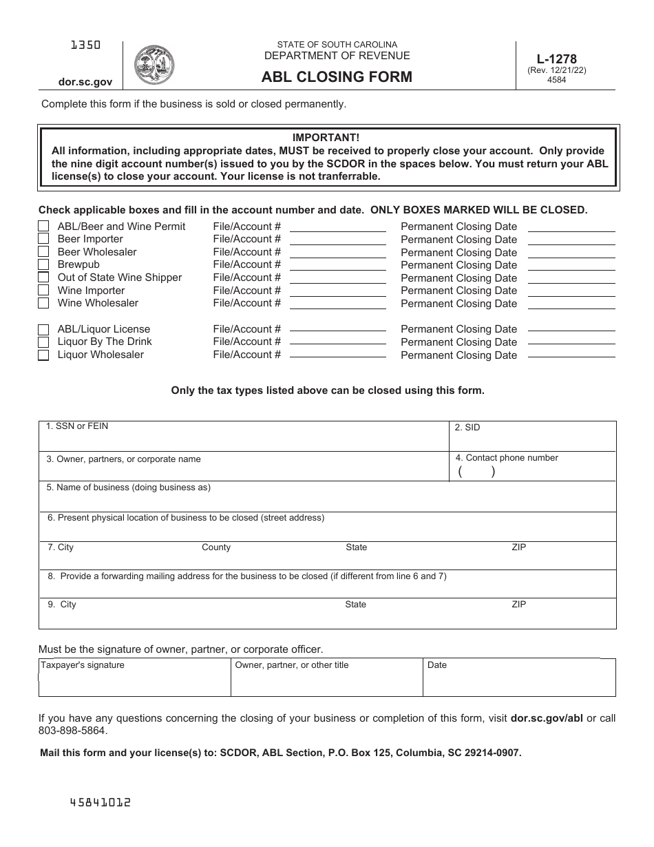 Form L-1278 Download Printable PDF or Fill Online Abl Closing Form ...