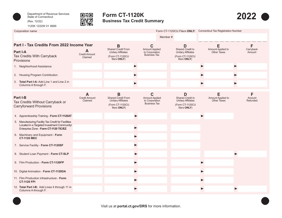 Form CT-1120K Download Printable PDF or Fill Online Business Tax Credit ...