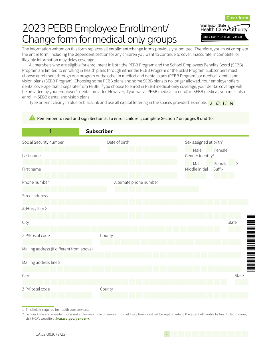 Form HCA52-0030 Download Fillable PDF or Fill Online Pebb Employee ...