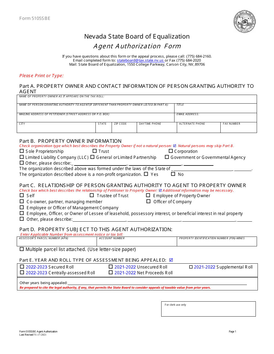 Form 5105sbe Download Printable Pdf Or Fill Online Agent Authorization
