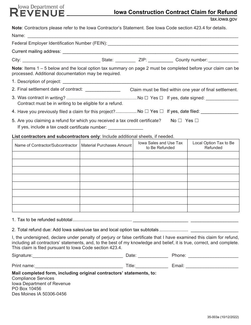 Form 35-003 Download Printable PDF or Fill Online Iowa Construction ...
