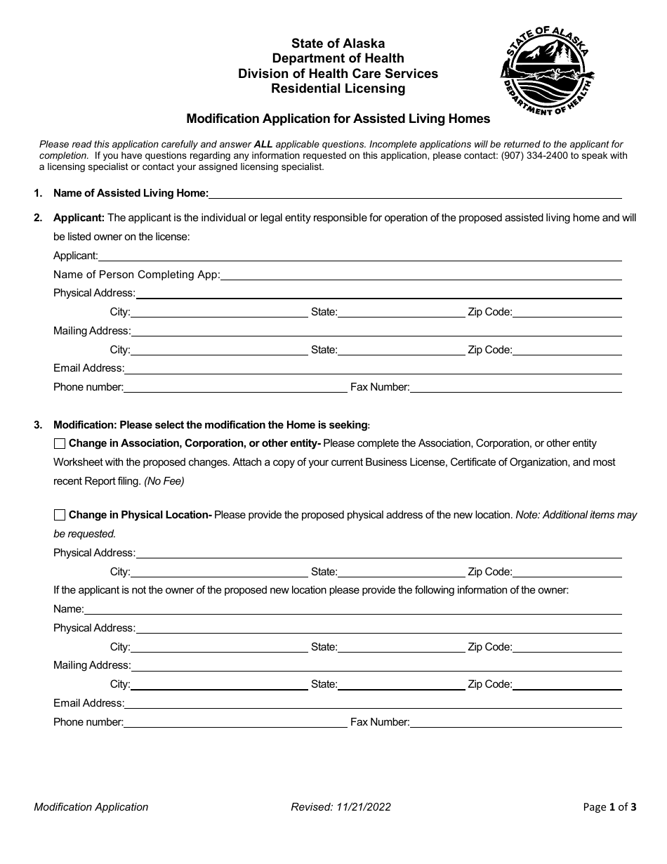 Alaska Modification Application for Assisted Living Homes Download ...