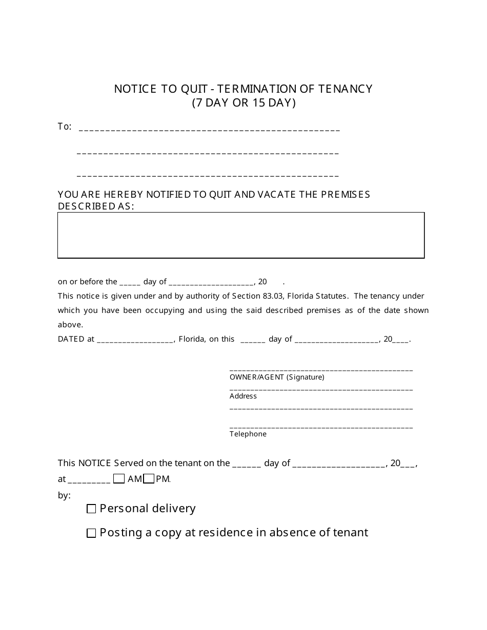 Clay County, Florida Notice to Quit - Termination of Tenancy (7 Day or 15 Day) - Fill Out, Sign ...