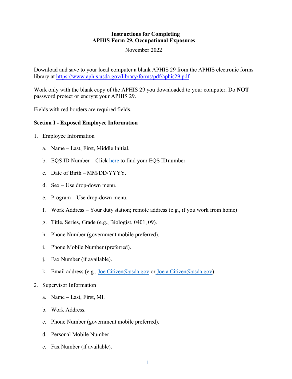 Download Instructions for APHIS Form 29 Occupational Exposures ...