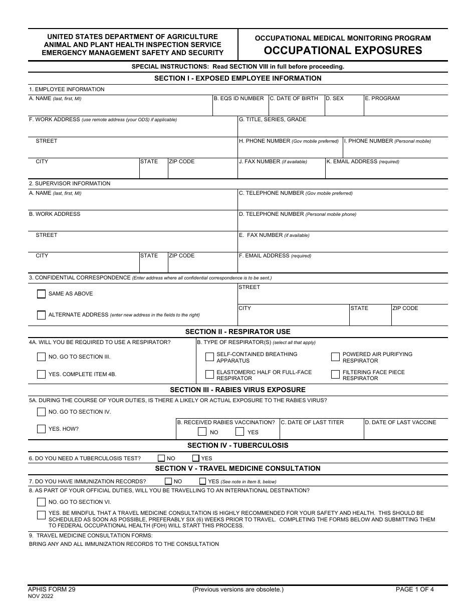 APHIS Form 29 Download Fillable PDF or Fill Online Occupational ...