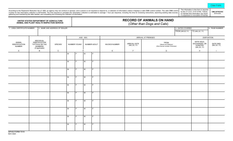 APHIS Form 7019 Download Fillable PDF or Fill Online Record of Animals ...