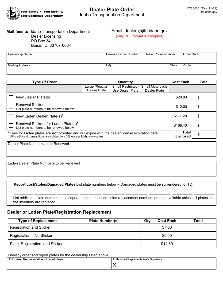 Form ITD3635 Download Fillable PDF or Fill Online Dealer Plate Order, Idaho | Templateroller