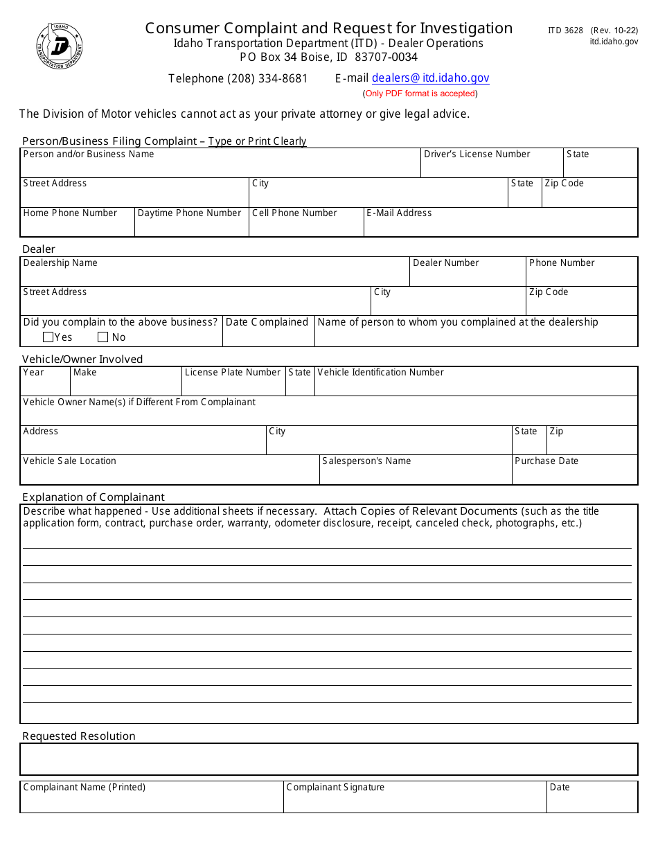 Form ITD3628 Download Fillable PDF or Fill Online Consumer Complaint ...
