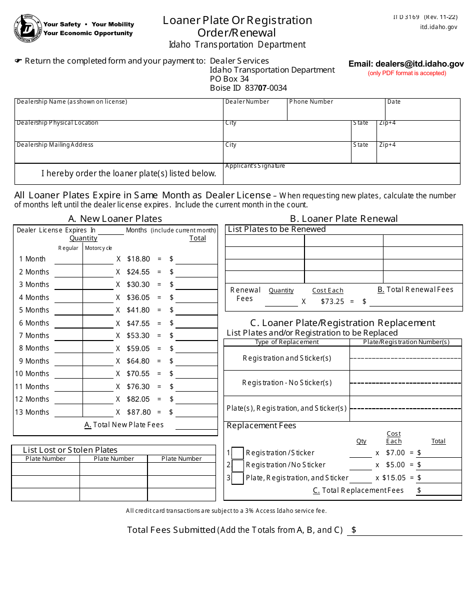 Form ITD3169 Download Fillable PDF or Fill Online Loaner Plate or Registration Order/Renewal ...