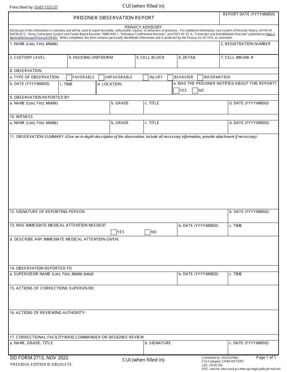 DD Form 2713 Download Fillable PDF or Fill Online Prisoner Observation ...