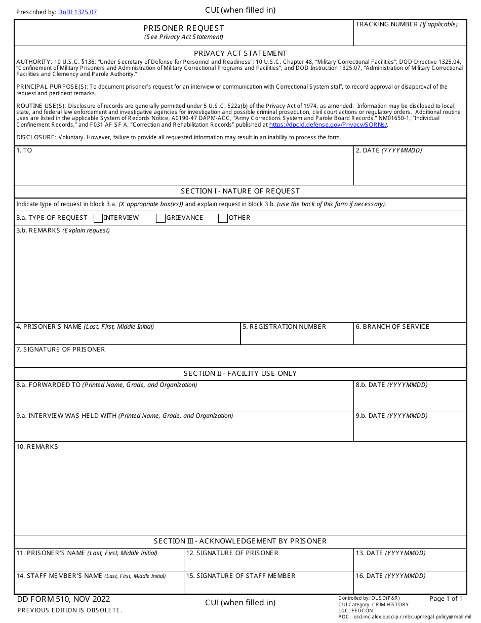 DD Form 510 Download Fillable PDF or Fill Online Prisoner Request 2013 ...