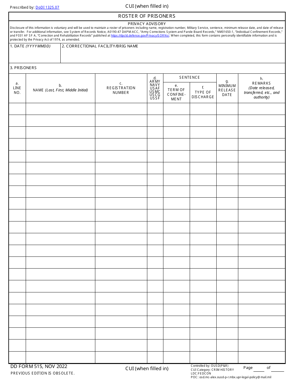 DD Form 515 Download Fillable PDF or Fill Online Roster of Prisoners ...
