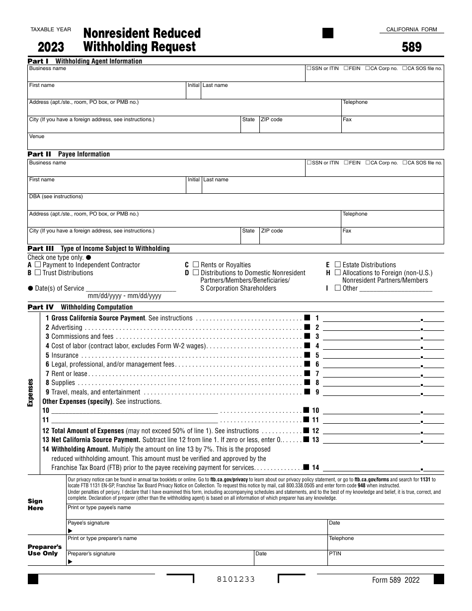 Form 589 Download Fillable PDF or Fill Online Nonresident Reduced ...