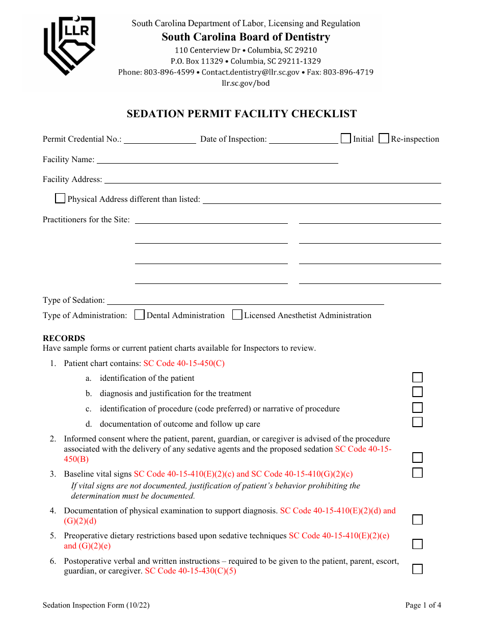 South Carolina Sedation Permit Facility Checklist Download Fillable PDF ...