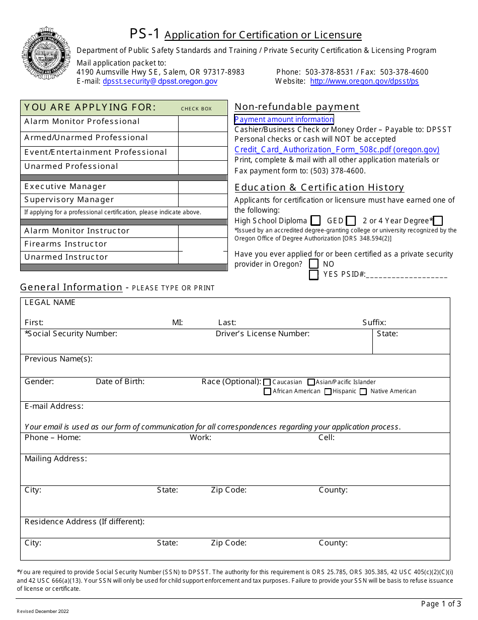 Form PS-1 Download Fillable PDF or Fill Online Application for ...