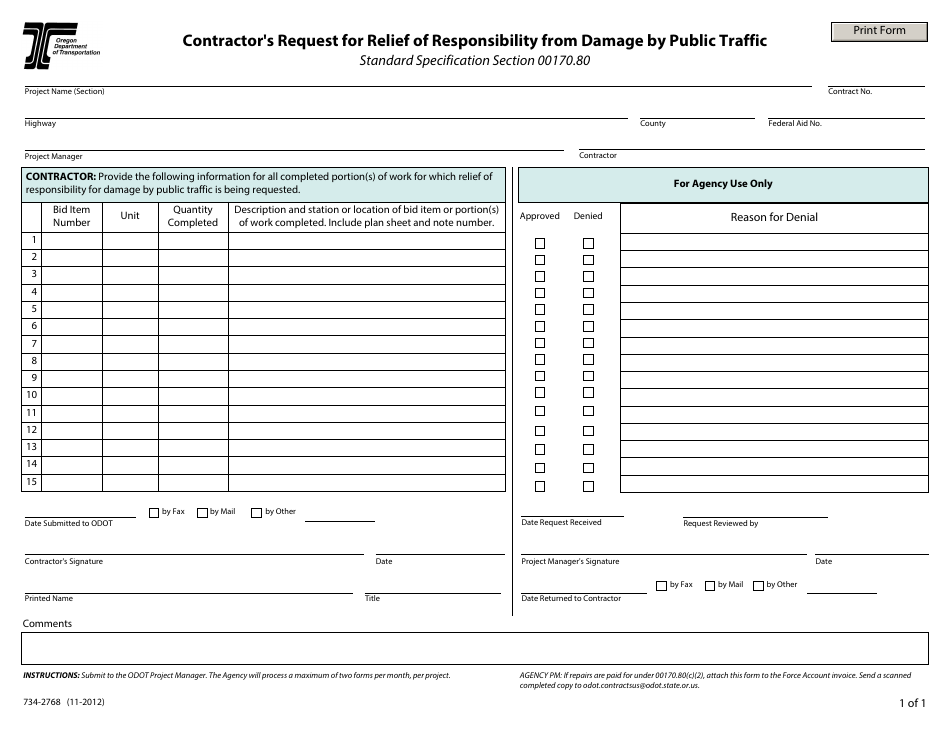 Form 734-2768 - Fill Out, Sign Online and Download Fillable PDF, Oregon ...