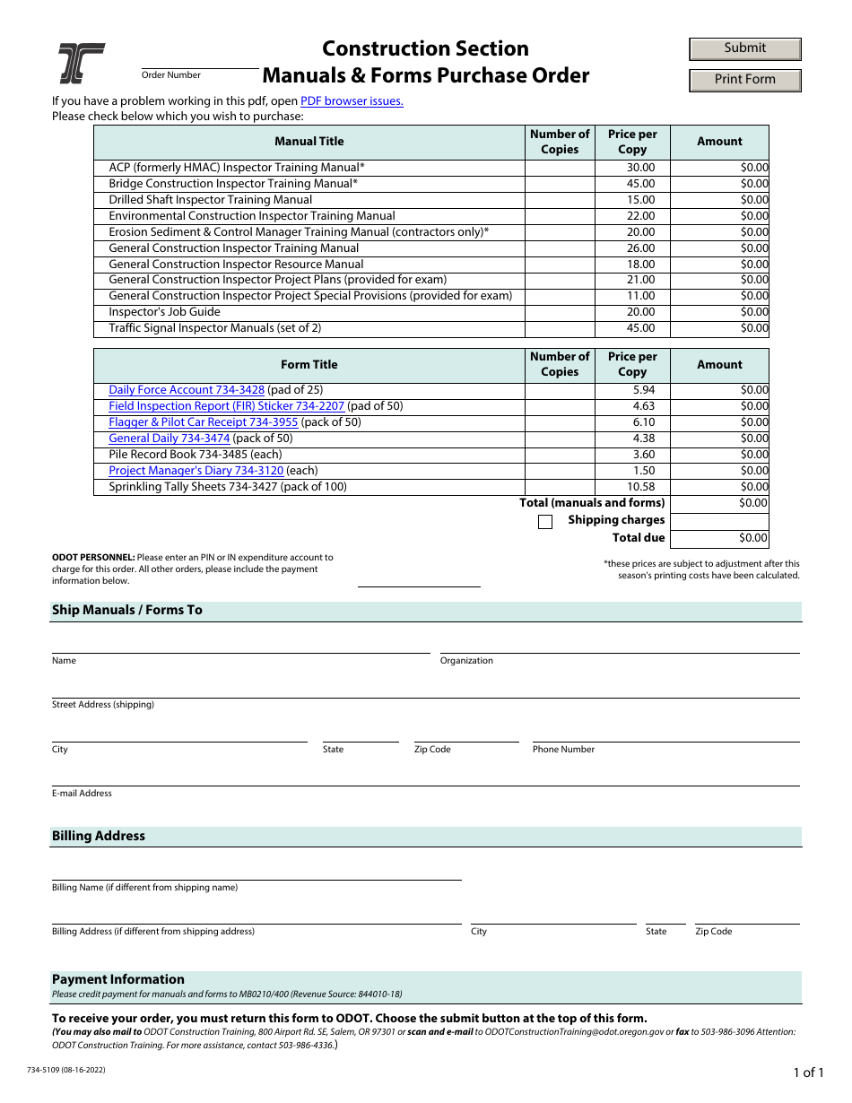Form 734-5109 - Fill Out, Sign Online and Download Fillable PDF, Oregon ...