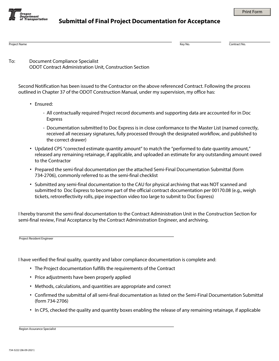 Form 734-5222 - Fill Out, Sign Online and Download Fillable PDF, Oregon | Templateroller