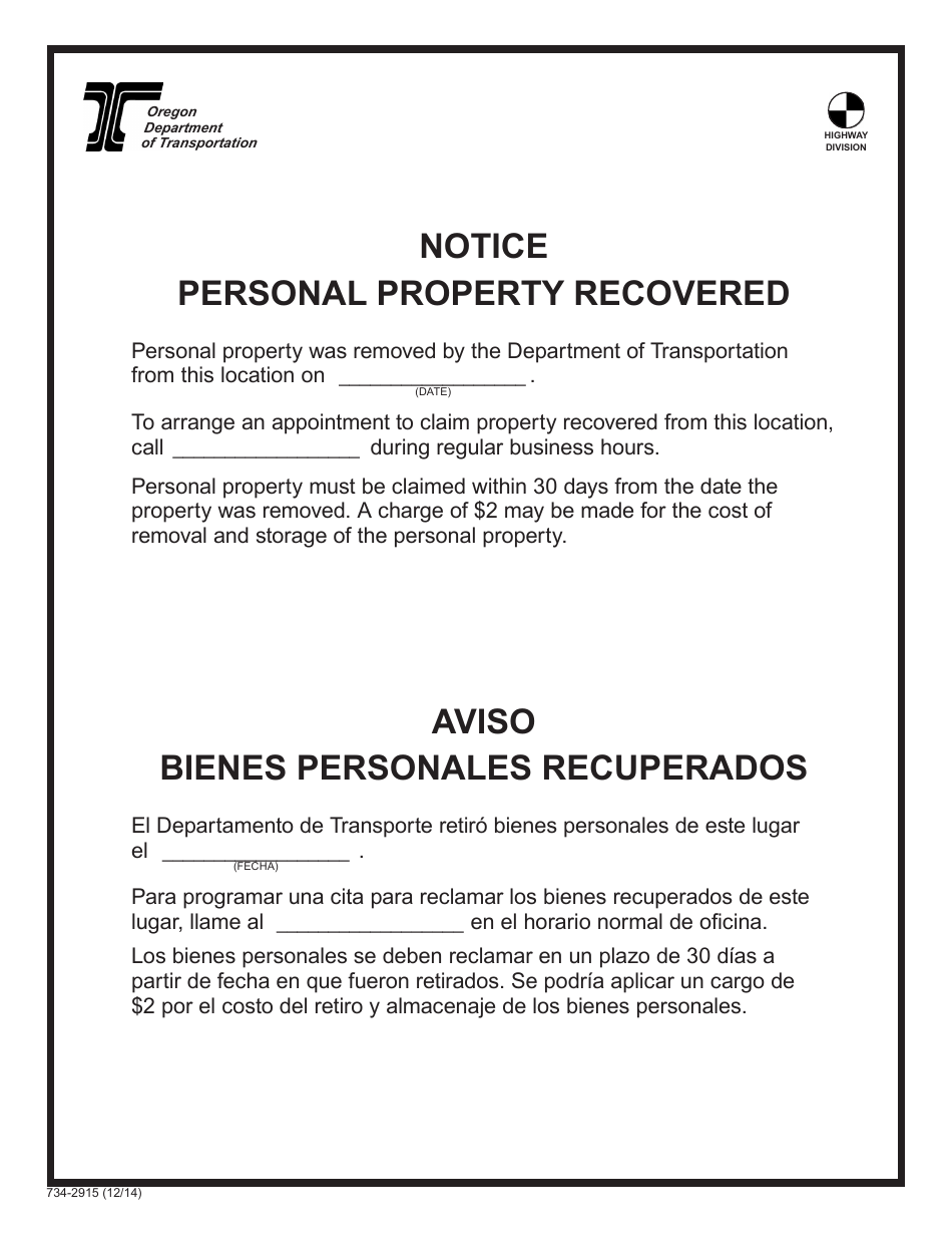 Form 734-2915 - Fill Out, Sign Online and Download Fillable PDF, Oregon ...