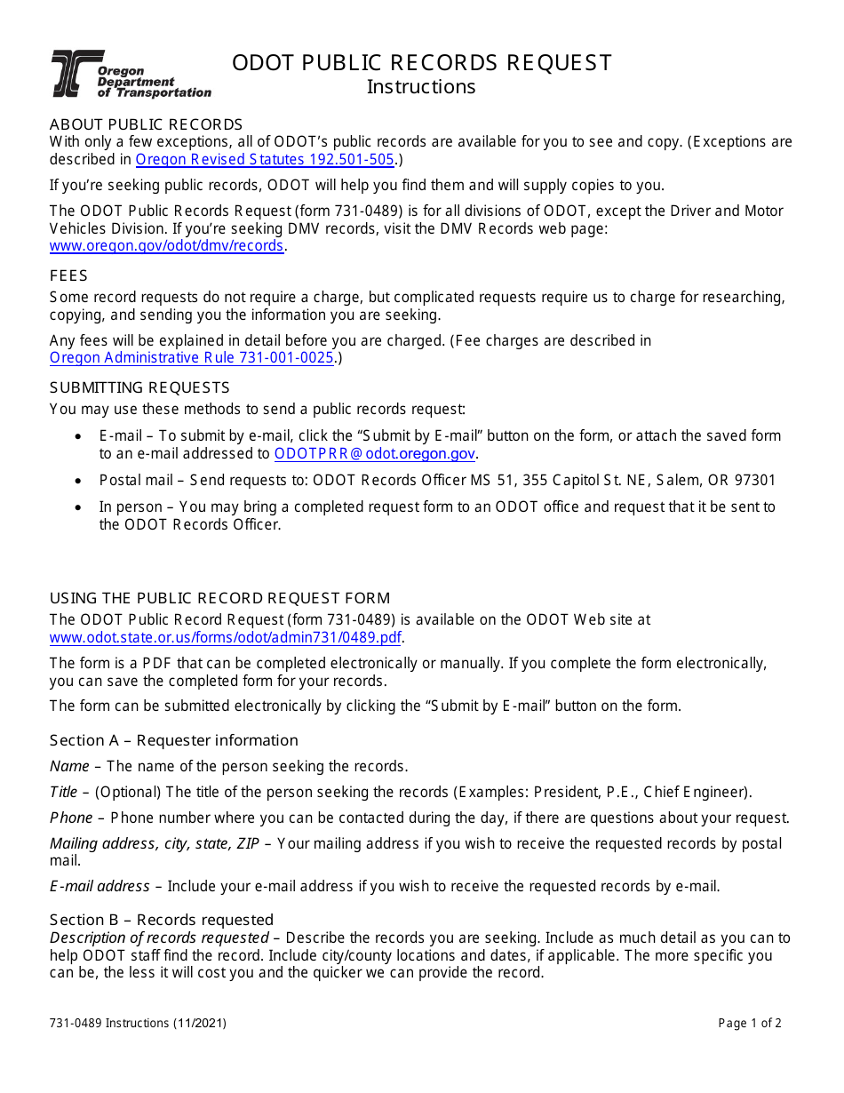 Download Instructions for Form 731-0489 Odot Public Records Request PDF ...