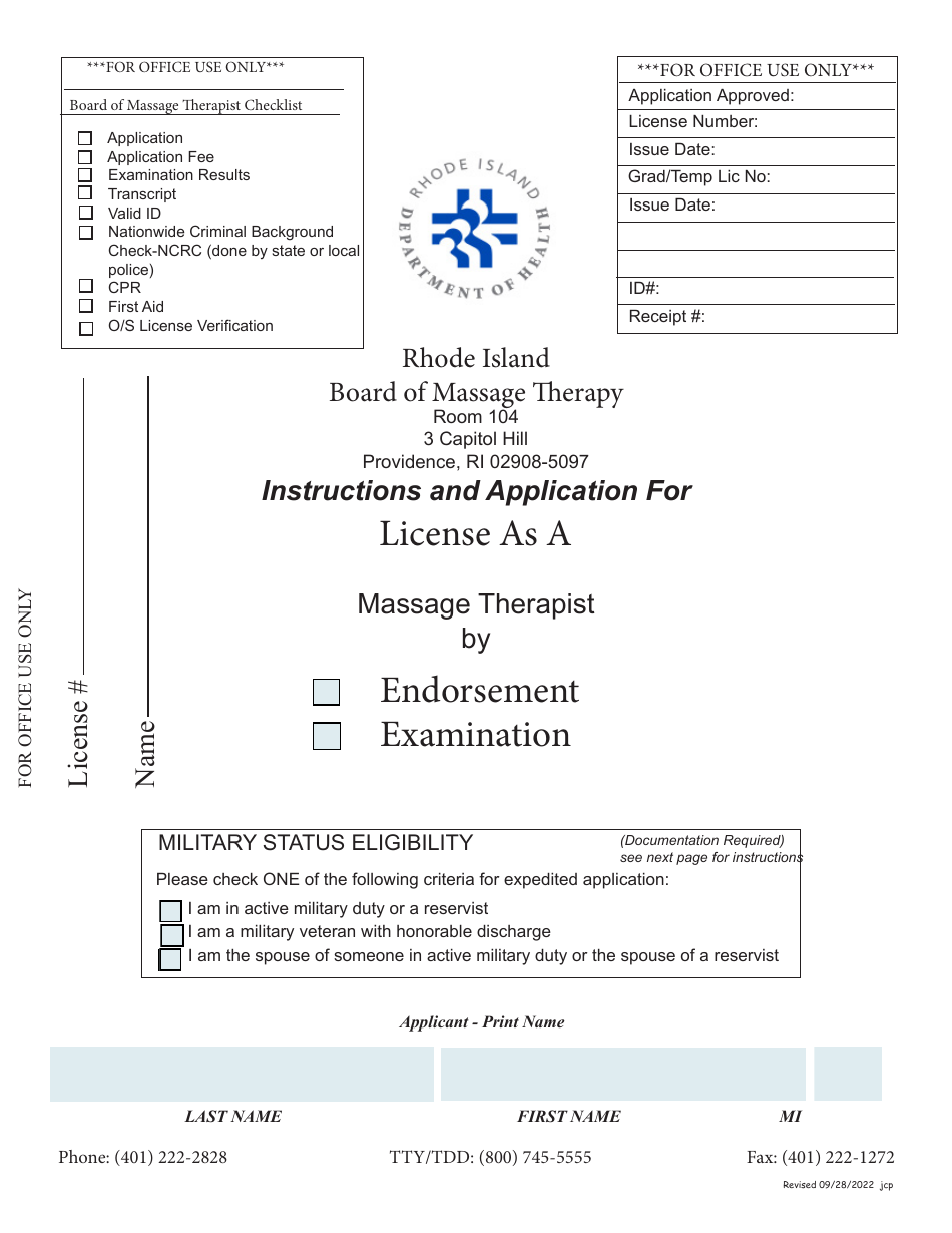 Rhode Island Application for License as a Massage Therapist Download ...