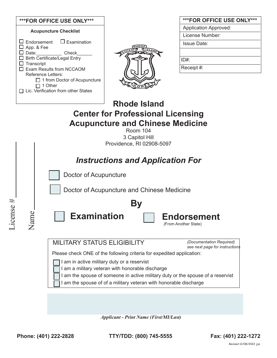Rhode Island Application for a License as a Doctor of Acupuncture and ...