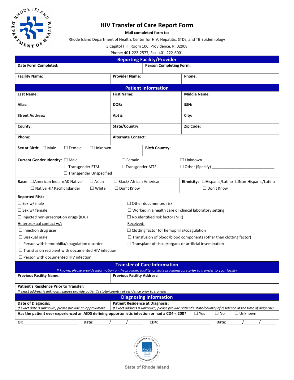 Rhode Island HIV Transfer of Care Report Form - Fill Out, Sign Online ...