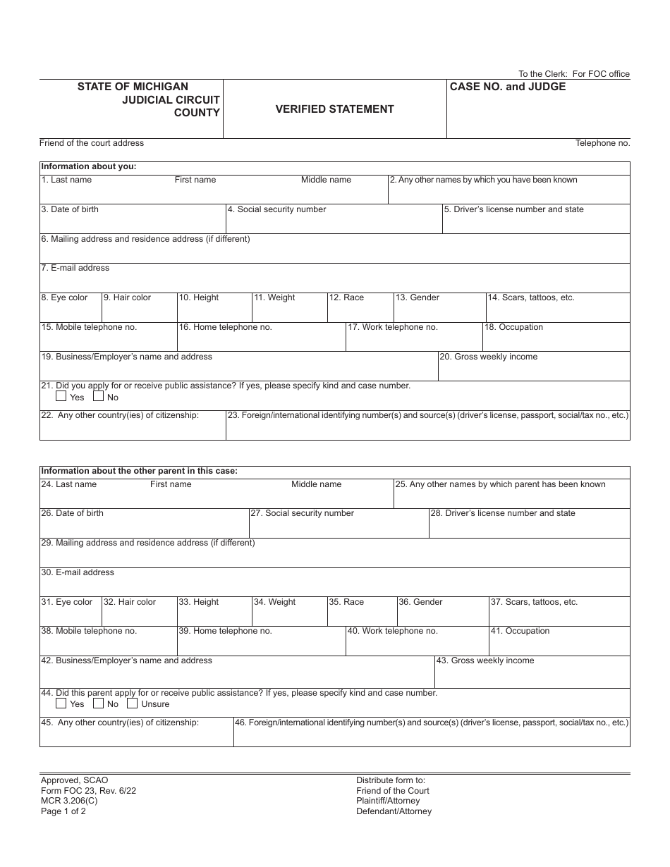 Form FOC23 Download Fillable PDF or Fill Online Verified Statement ...