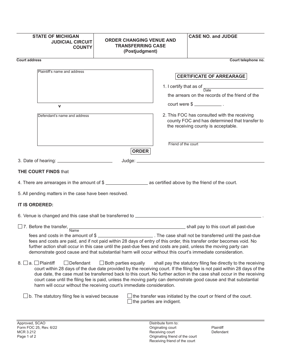 Form FOC25 Download Fillable PDF or Fill Online Order Changing Venue ...