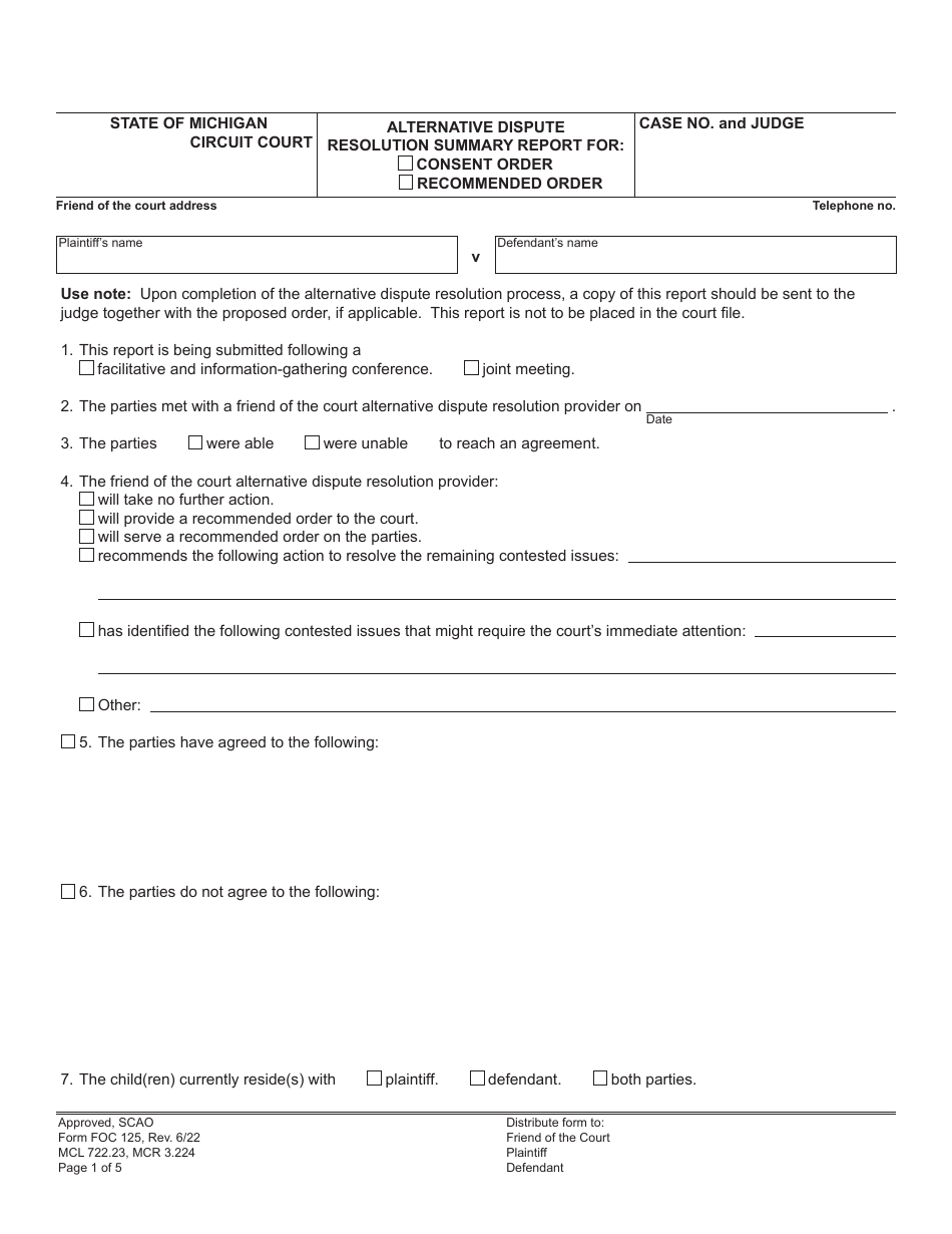 Form FOC125 Download Fillable PDF or Fill Online Alternative Dispute Resolution Summary Report ...