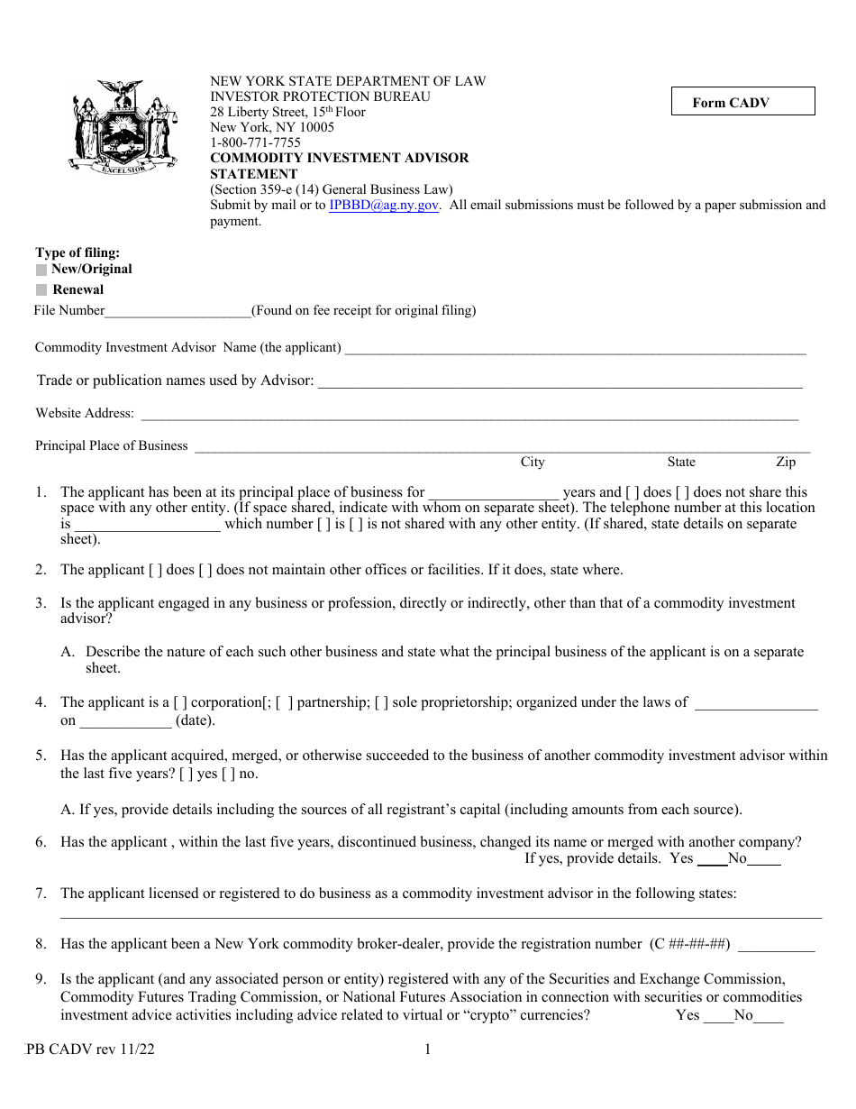 Form CADV - Fill Out, Sign Online and Download Printable PDF, New York ...