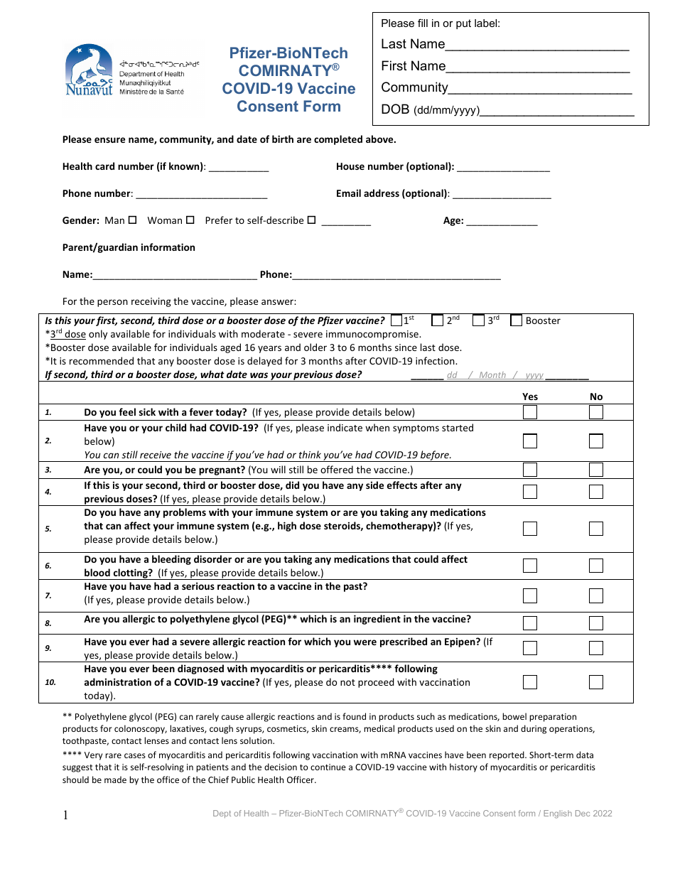 Nunavut Canada Pfizer-Biontech Comirnaty Covid-19 Vaccine Consent Form ...