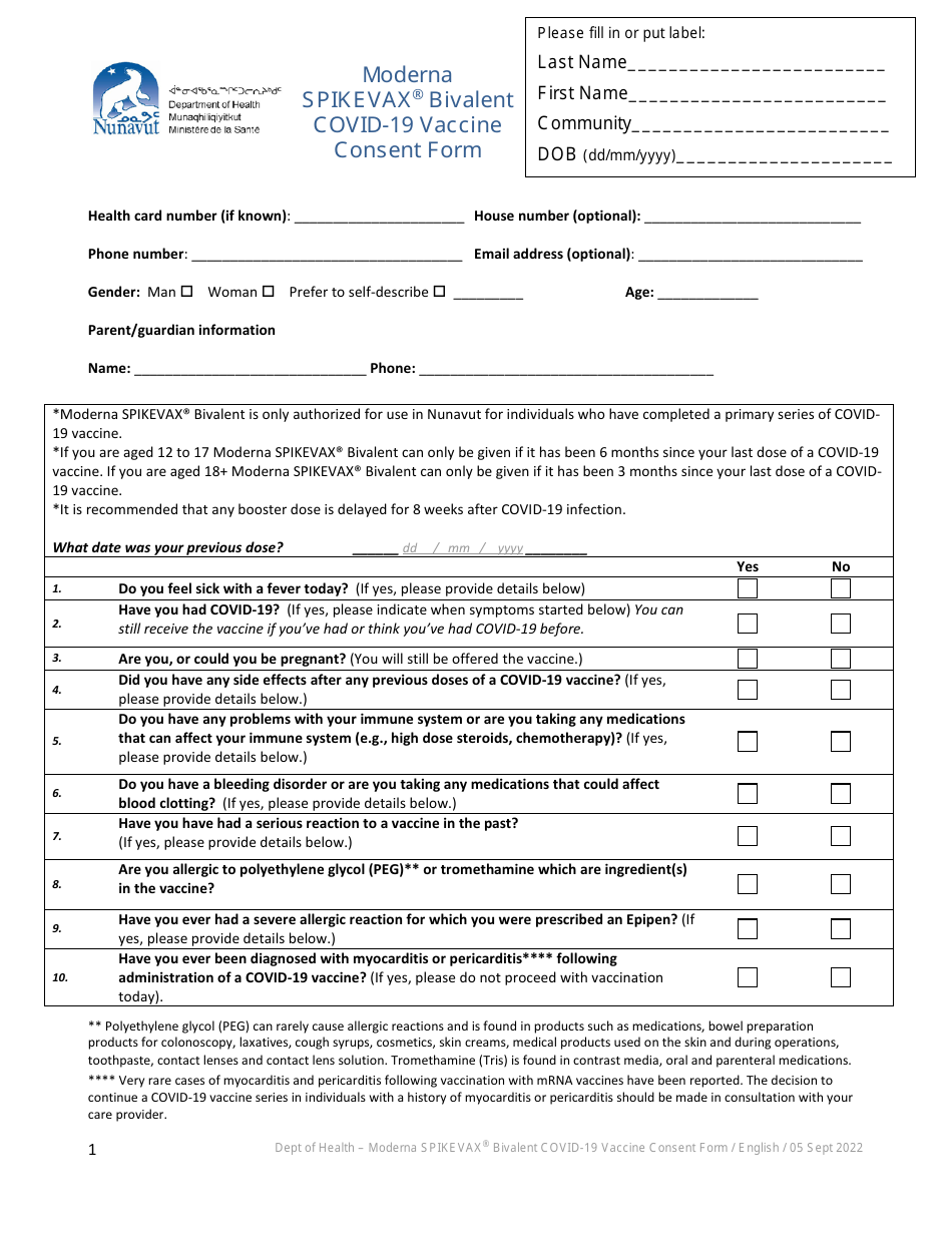 Nunavut Canada Moderna Spikevax Bivalent Covid-19 Vaccine Consent Form ...