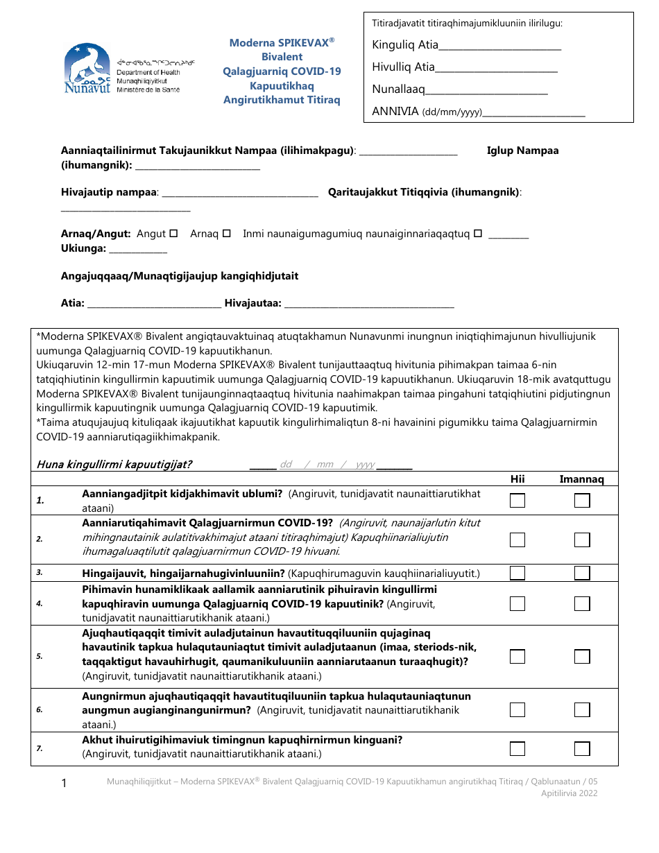 Nunavut Canada Moderna Spikevax Bivalent Covid-19 Vaccine Consent Form ...
