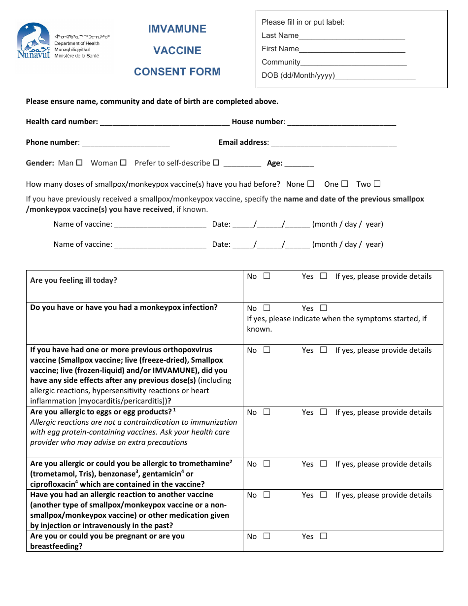 Nunavut Canada Imvamune Vaccine Consent Form - Fill Out, Sign Online ...
