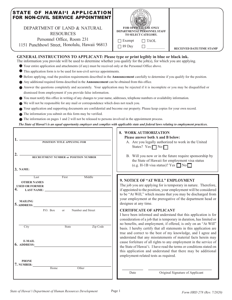 Form HRD278 - Fill Out, Sign Online and Download Fillable PDF, Hawaii ...