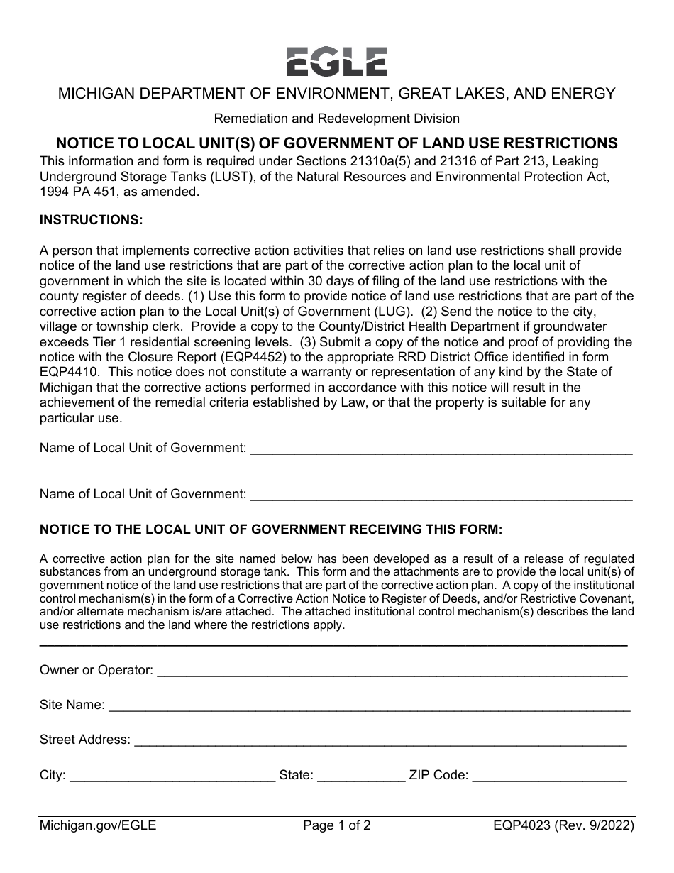 Form EQP4023 Download Fillable PDF or Fill Online Notice to Local Unit ...